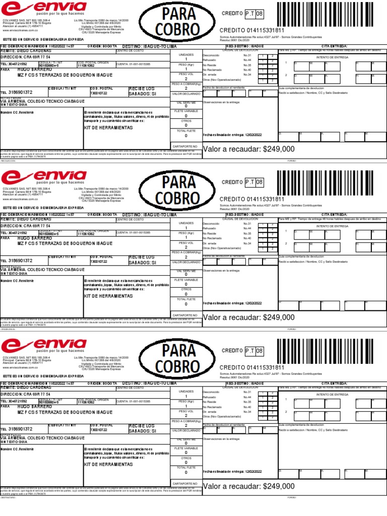 Valor A Recaudar: $249,000: Remite: Diego Cardenas 1 1 2 2 Direccion ...