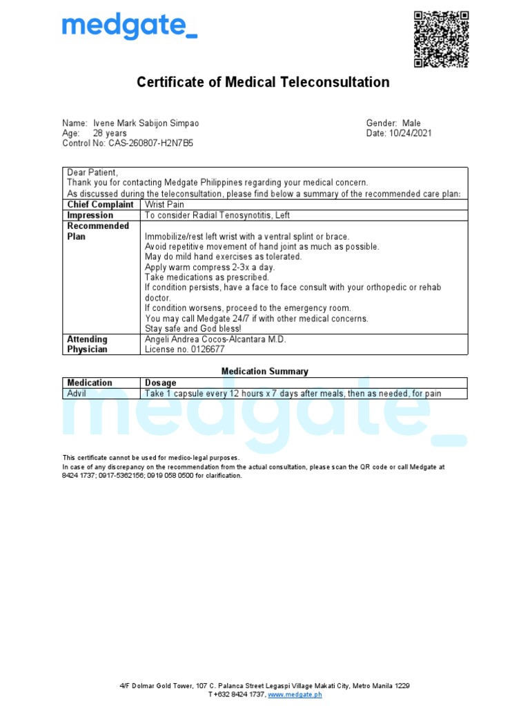 Certificate of Medical Teleconsultation: Chief Complaint Impression ...