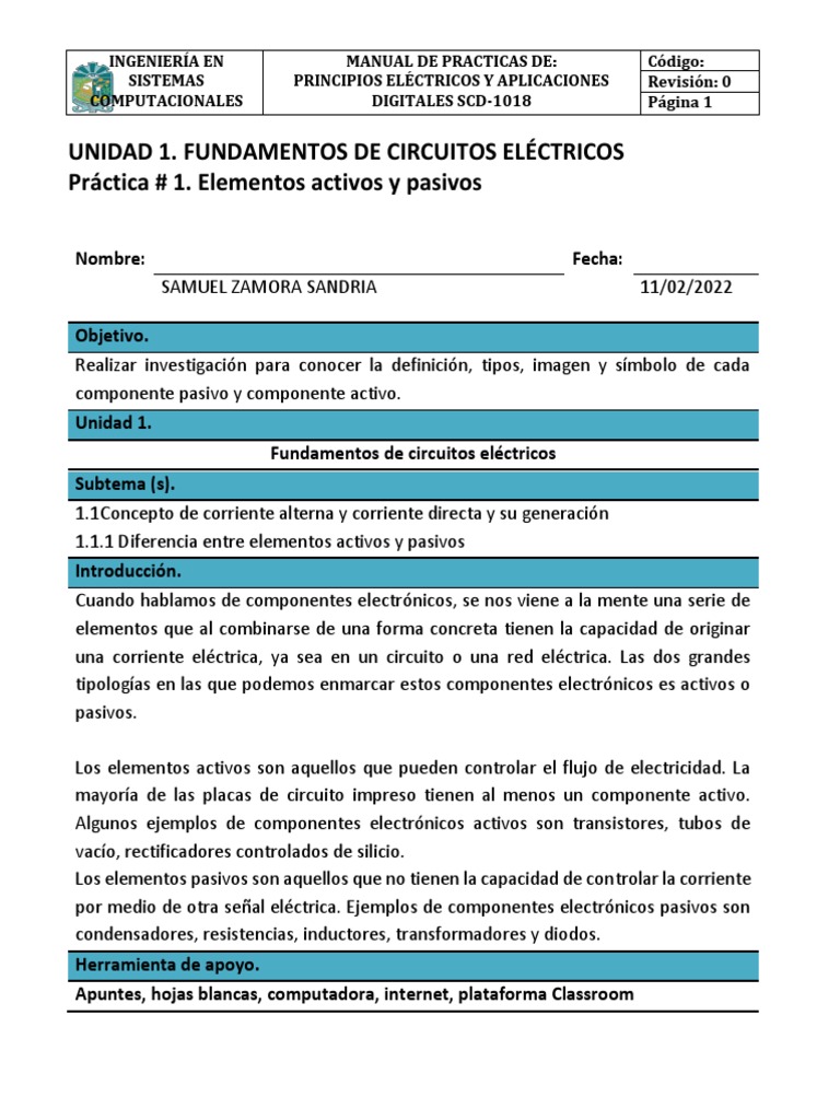 Práctica # 1. Elementos Activos y Pasivos | PDF | Resistor | Diodo