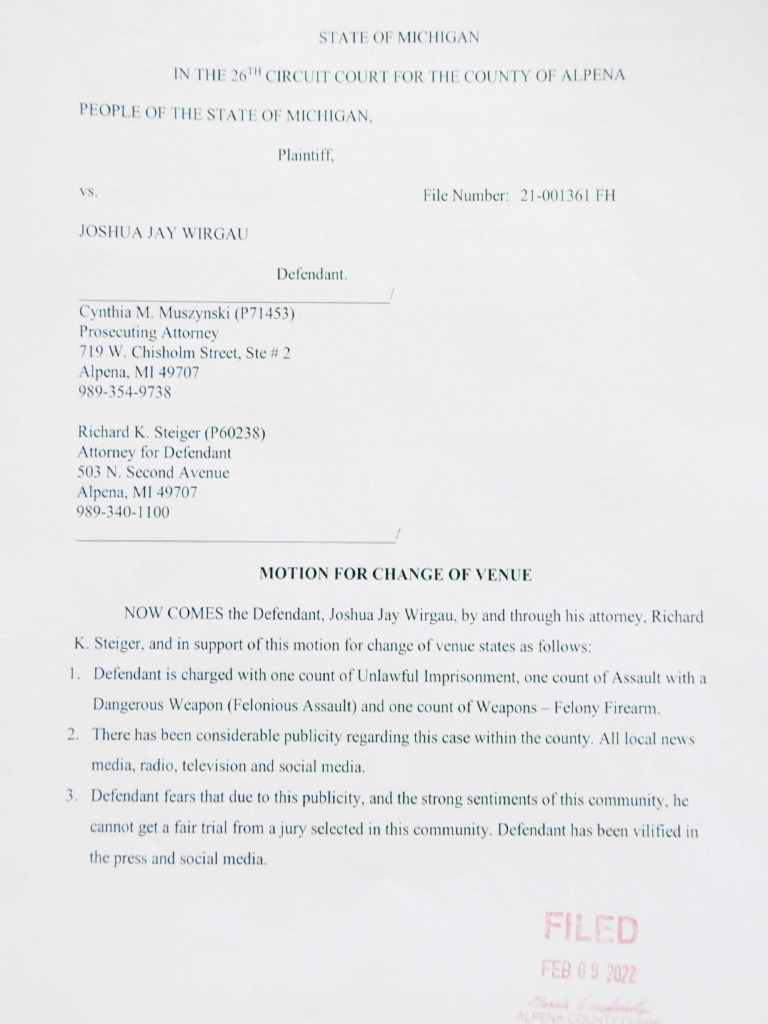 Rick Steiger Motion For Change of Venue For Joshua Wirgau and Judge Ed ...