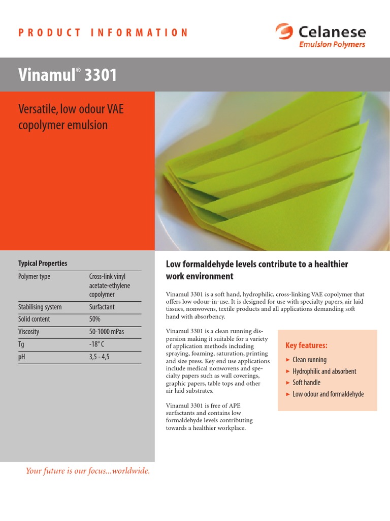 Vinamul 3301: Versatile, Low Odour VAE Copolymer Emulsion | PDF ...