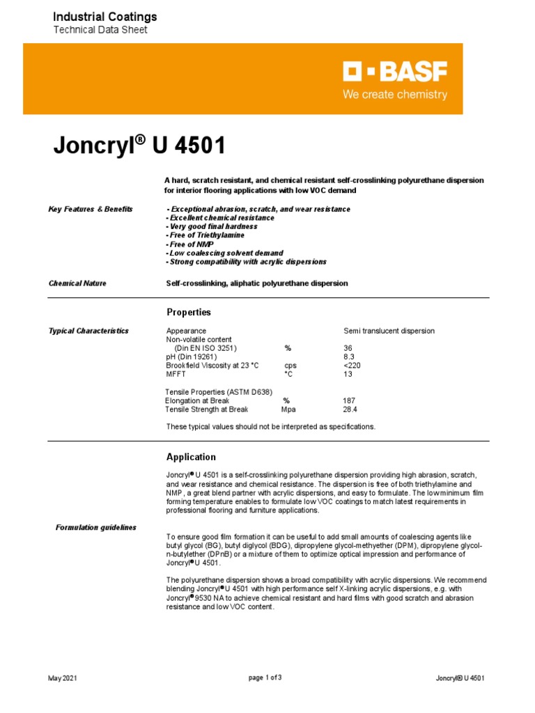 Joncryl U 4501: Technical Data Sheet | PDF | Polyurethane | Water