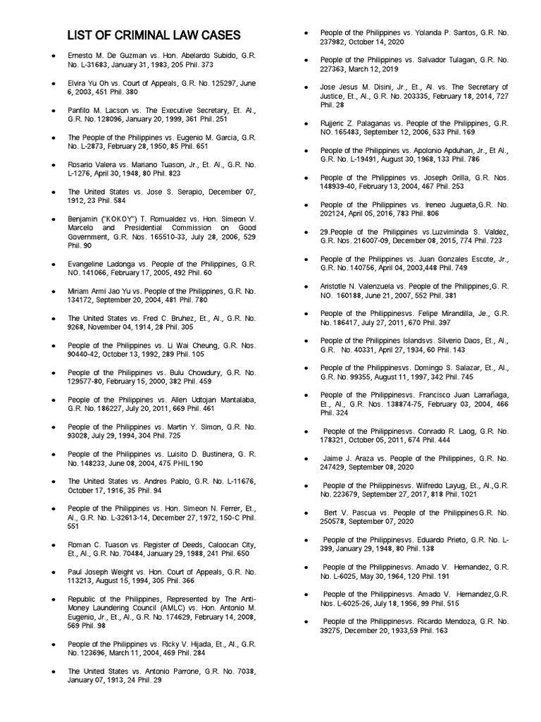List of Criminal Law Cases in the Philippines | PDF | Philippines