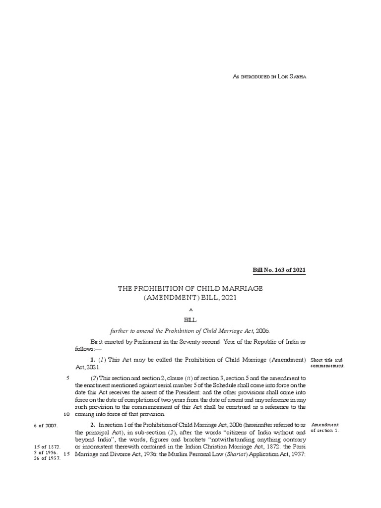 The Prohibition of Child Marriage (Amendment) Bill, 2021 | PDF ...