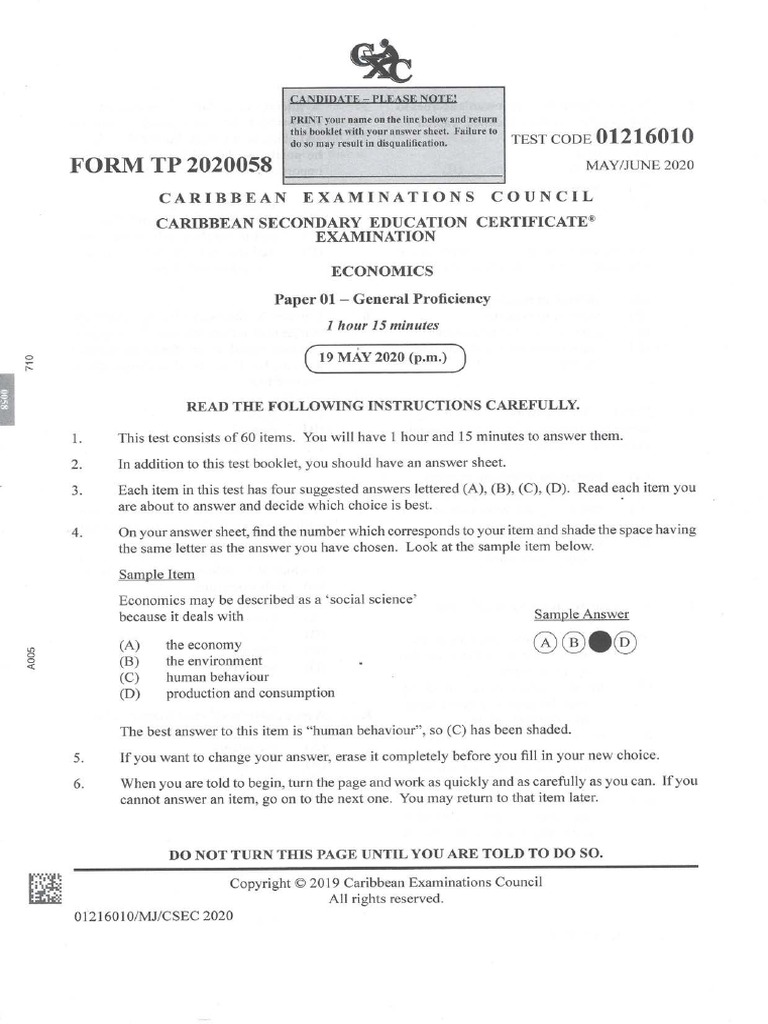 CSEC Economics July 2020 P1 | PDF