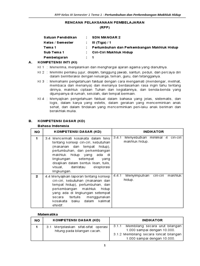 RPP K3 Tema 1 ST 1 Rev. 2018 | PDF