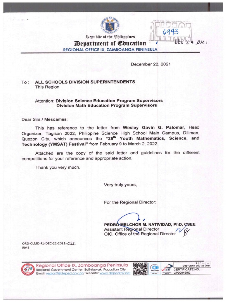 Regional Letter 25th YOUTH MATHEMATICS SCIENCE AND TECHNOLOGY YMSAT ...