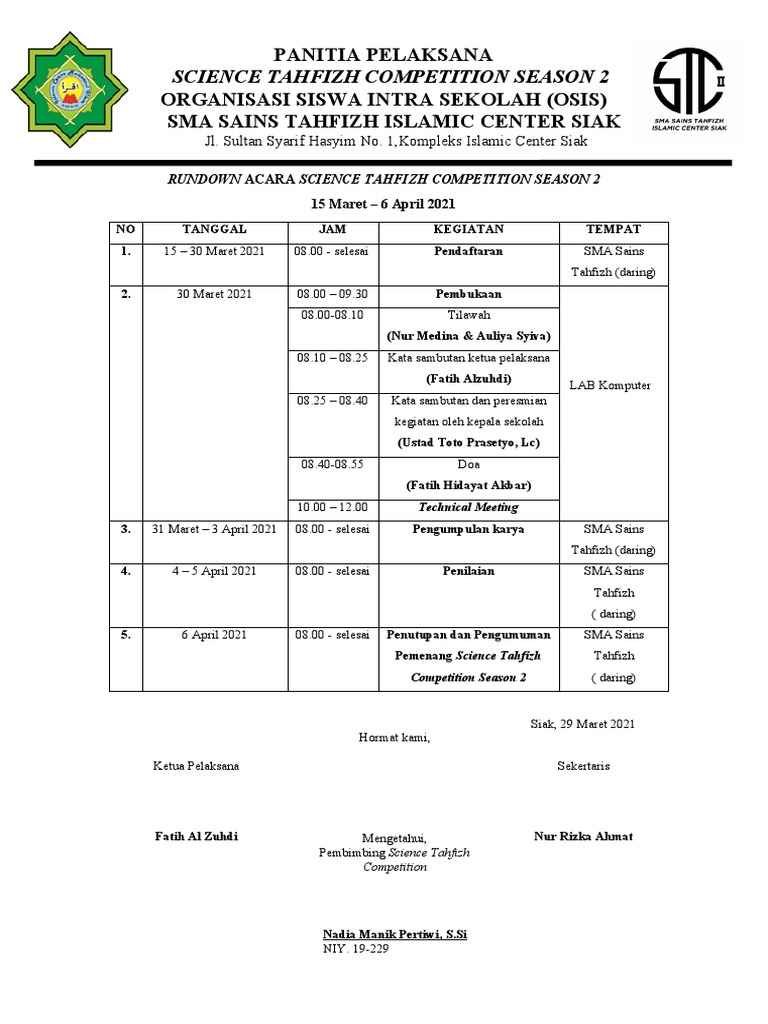 Rundown Acara Science Tahfizh Competition Season 2 | PDF