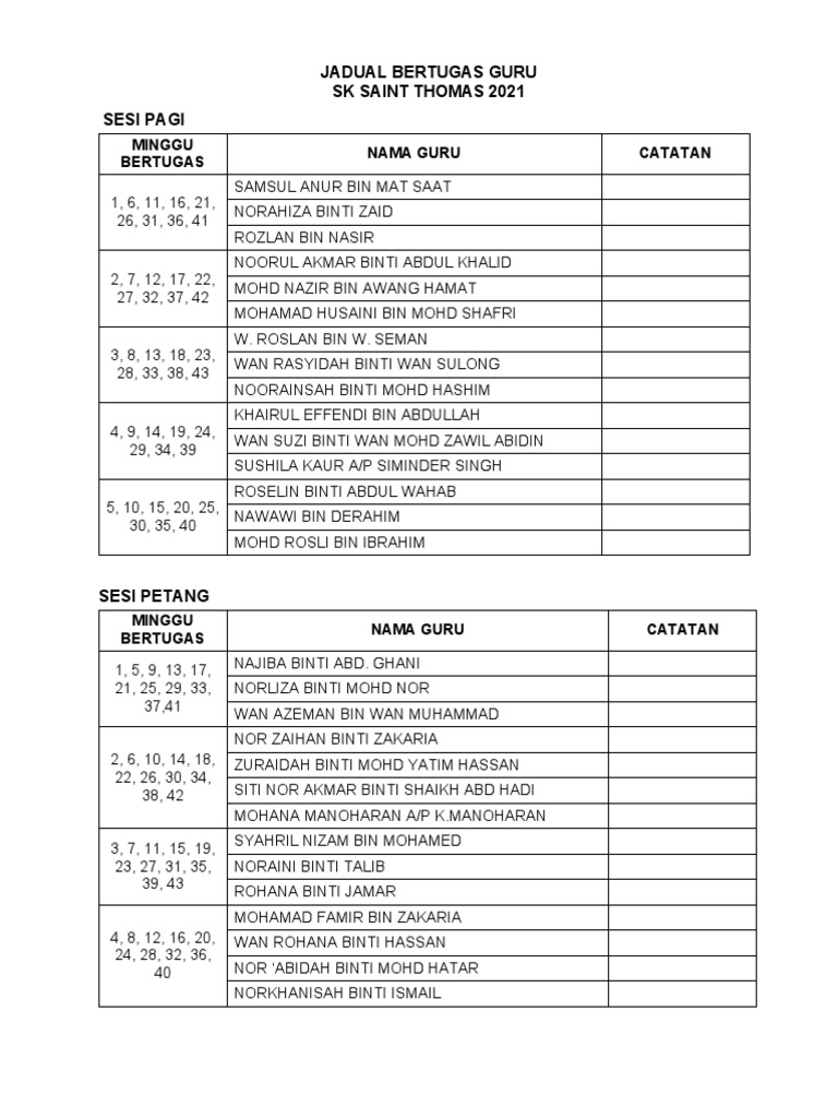 Jadual Bertugas Guru SK Saint Thomas 2021 Sesi Pagi | PDF