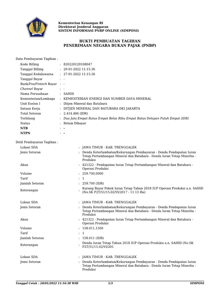 Bukti Pembuatan Tagihan Penerimaan Negara Bukan Pajak (PNBP) | PDF