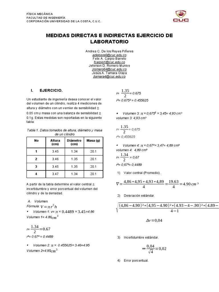 Mediciones Directas e Indirectas Ejercicio | PDF | Estadísticas ...