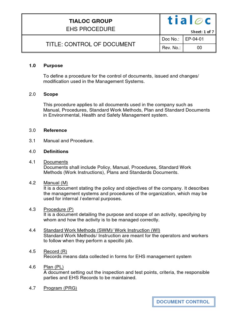 Ehs Document Control Procedure Pdf Antivirus Software