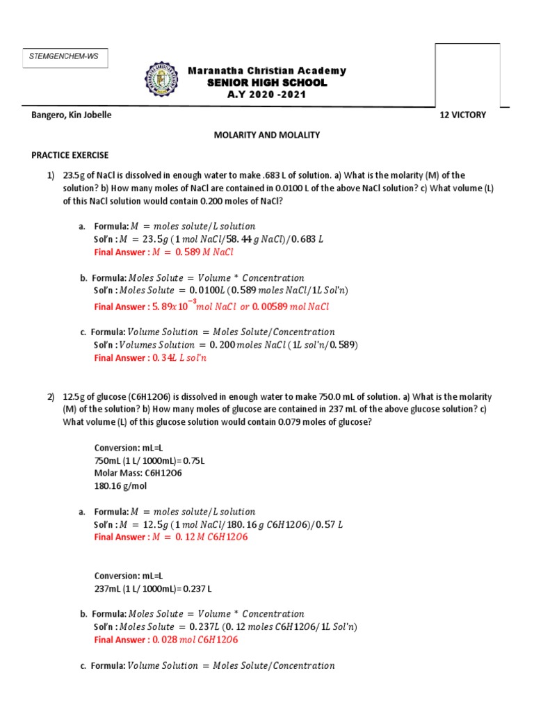 Bangero, Kin Jobelle 12 Victory Molarity and Molality Practice Exercise ...