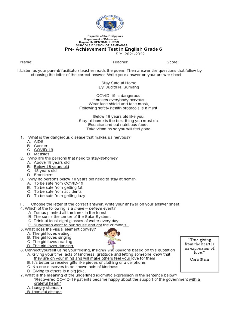Pre-Achievement Test Grade 6 | PDF | Adverb | Linguistics