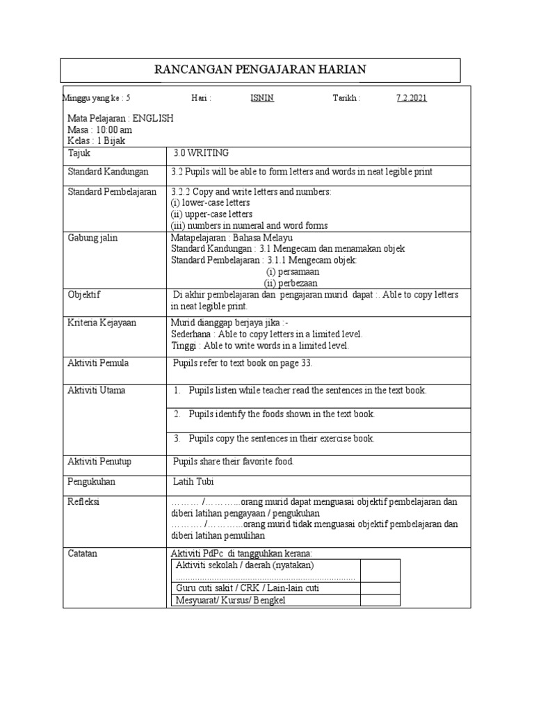 RPH English Tahun 1 | PDF