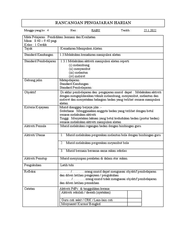 RPH PJ Tahun 1 | PDF