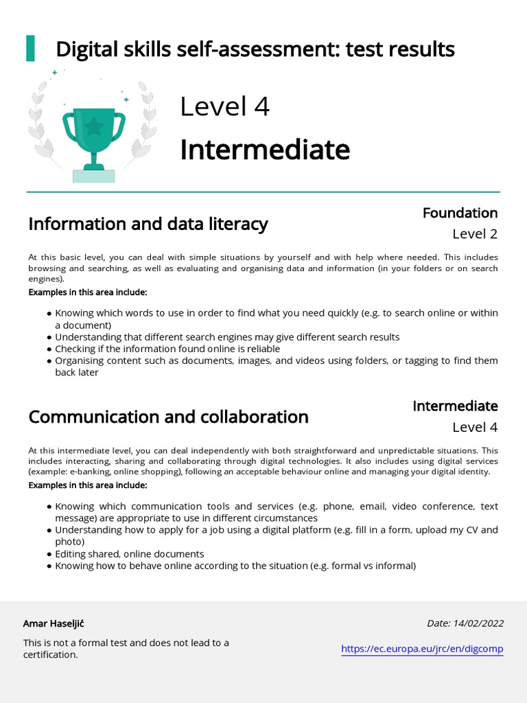 Level 4 Intermediate: Digital Skills Self-Assessment: Test Results ...