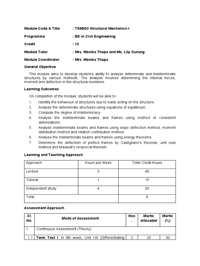 Module Descriptor Structural Mechanics-I (TSM203) - BE2C | PDF ...
