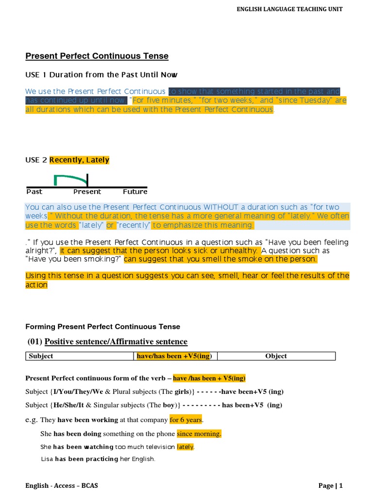 Present Perfect Continuous Tense | PDF | English Language | Subject ...