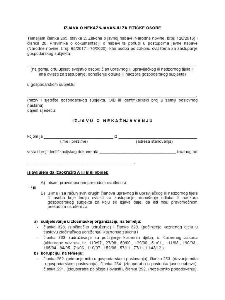 Izjava o Nekaznjavanju | PDF