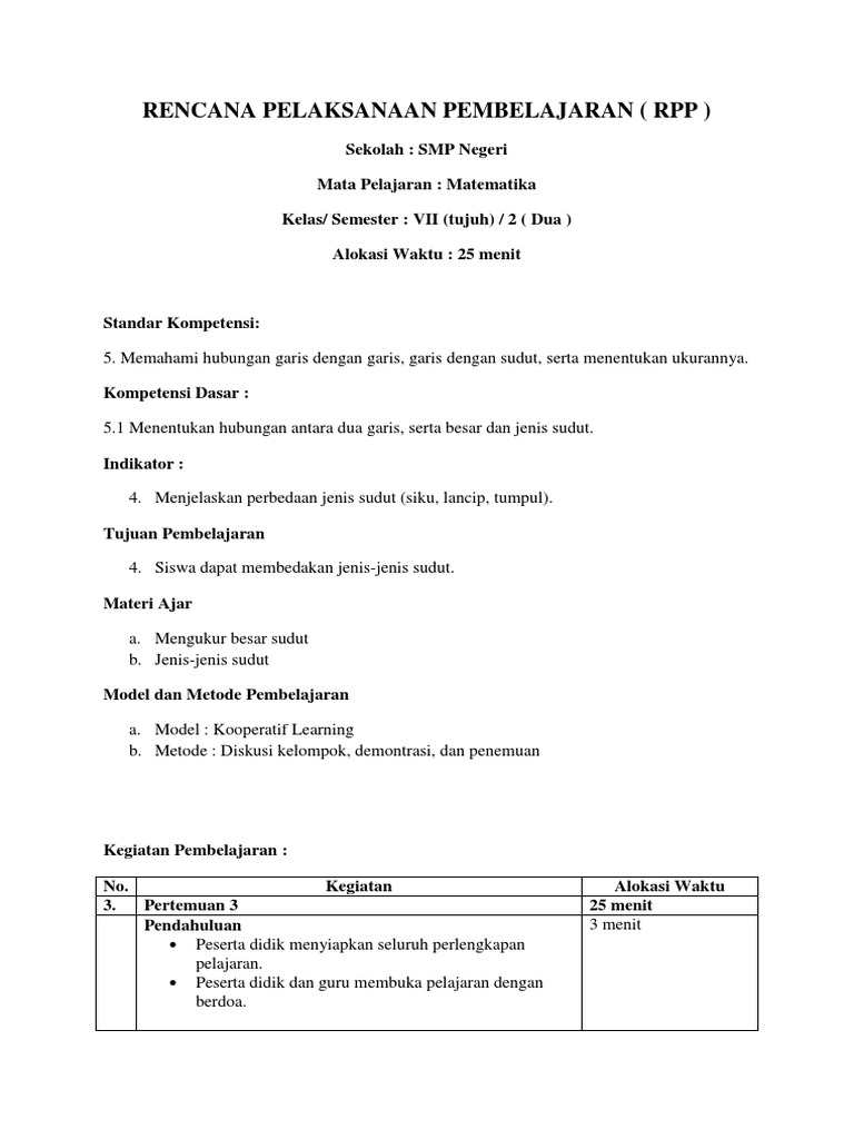 RPP Kelas 9 Sudut | PDF | Karier & Perkembangan | Seni