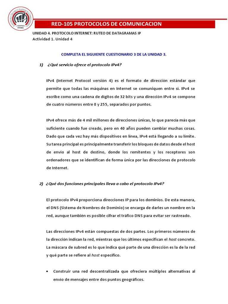 Protocolo IPv4: Funciones y Campos Clave | PDF | Protocolos de internet ...