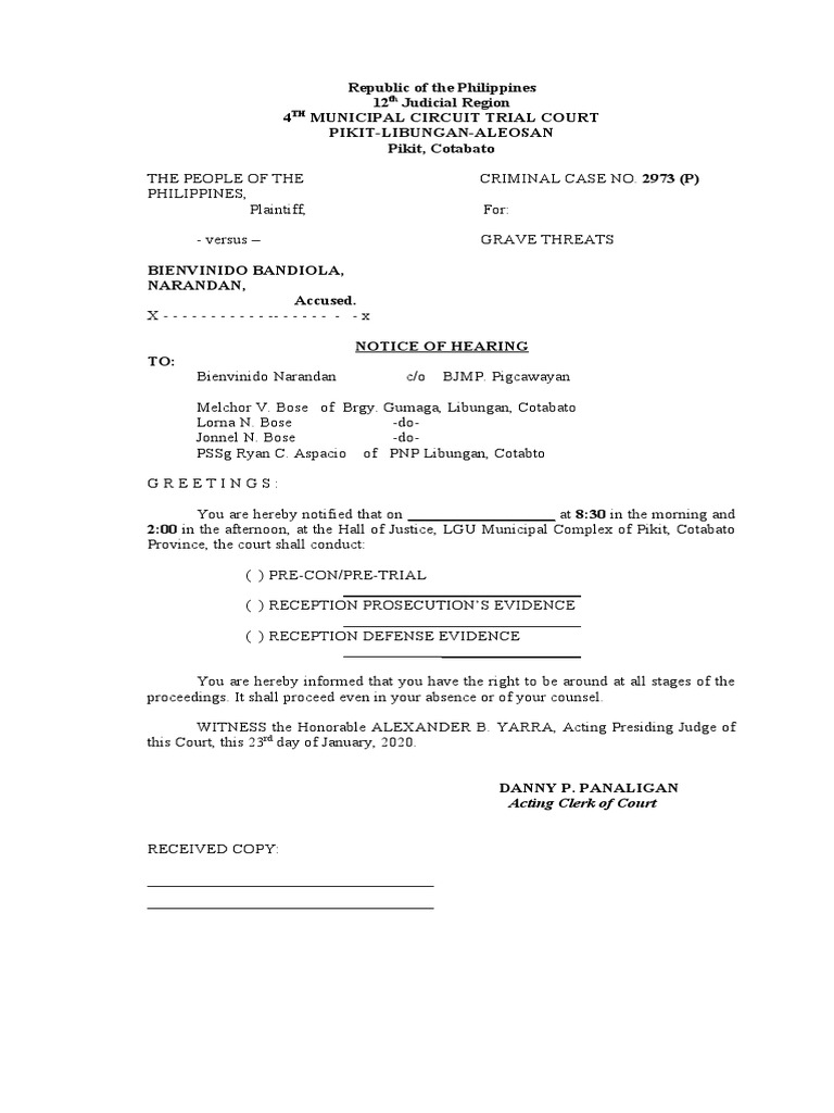 Multiple Notices of Hearing for Criminal Cases in the 4th Municipal ...