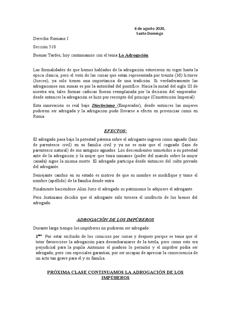 Derecho Romano Romano I-La Adrogación-Sección 522-Tarde-6-8-2020 | PDF