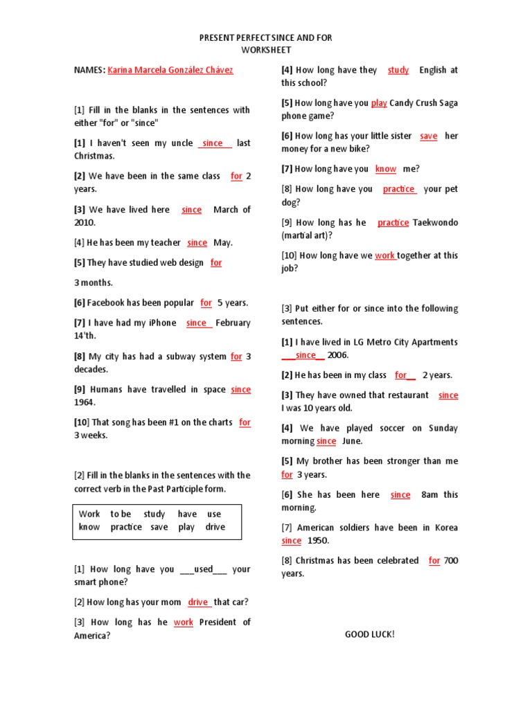 Actividad 5 Present Perfect Since-For Worksheet | PDF
