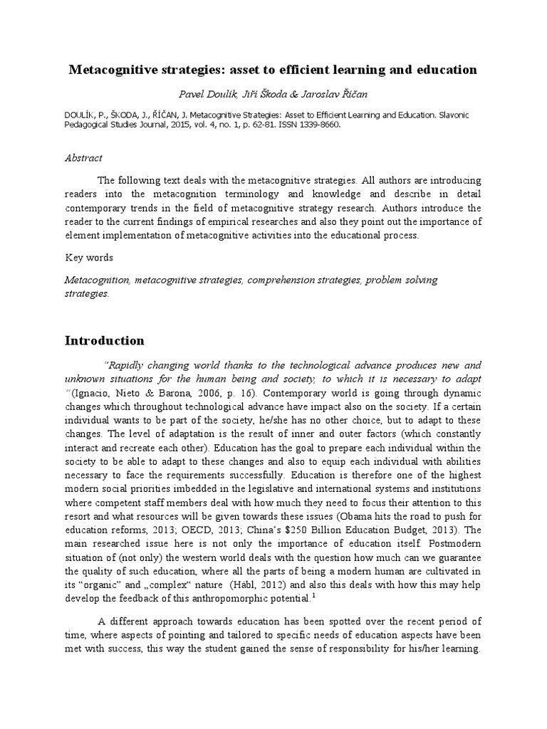 Metacognitive Strategies: Asset To Efficient Learning and Education | PDF | Metacognition ...