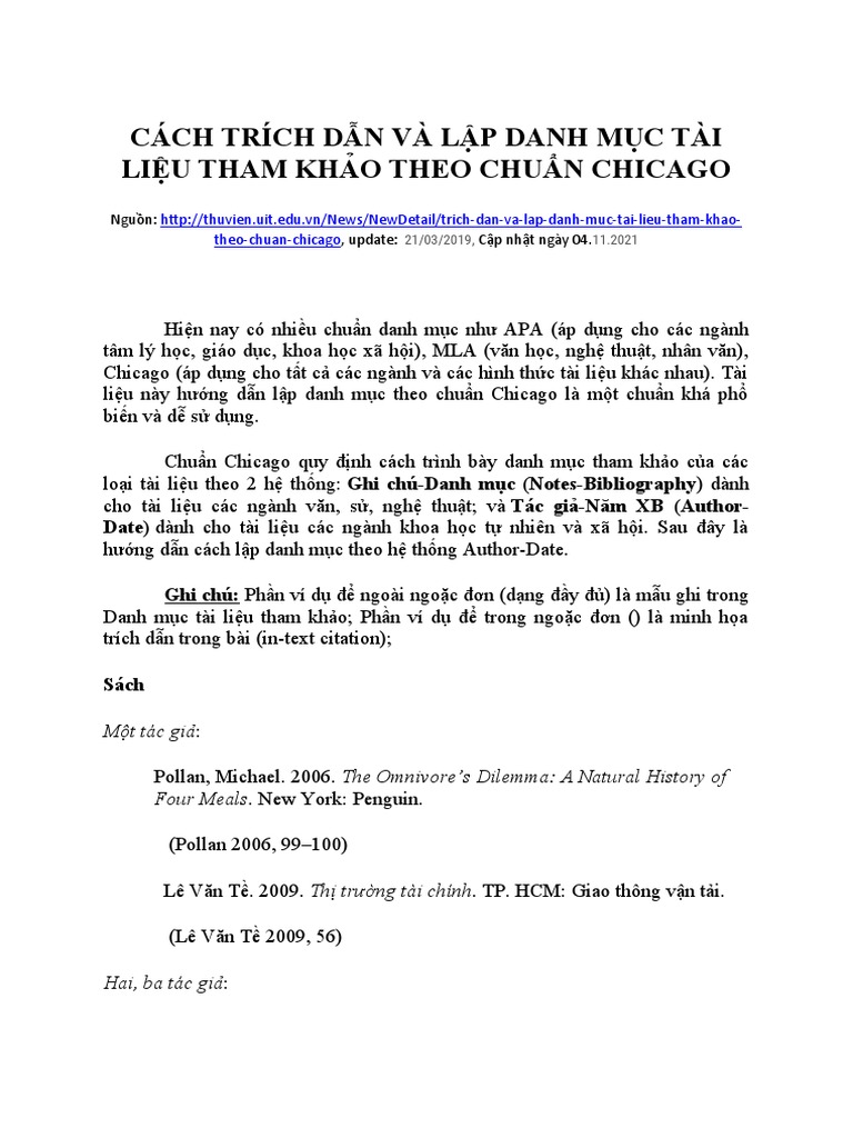 CÁCH TRÍCH DẪN VÀ LẬP DANH MỤC TÀI LIỆU THAM KHẢO THEO CHUẨN CHICAGO | PDF