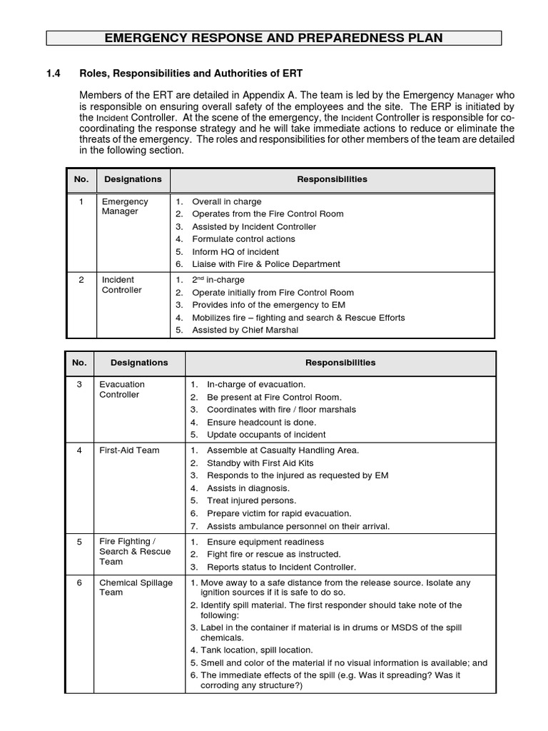 Emergency Response and Preparedness Plan: 1.4 Roles, Responsibilities ...