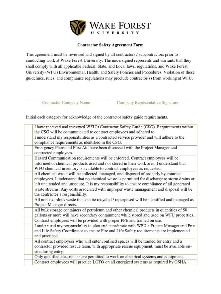 Contractor Safety Agreement Form | Download Free PDF | Occupational ...