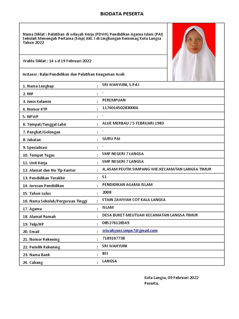 Biodata Peserta Diklat | PDF
