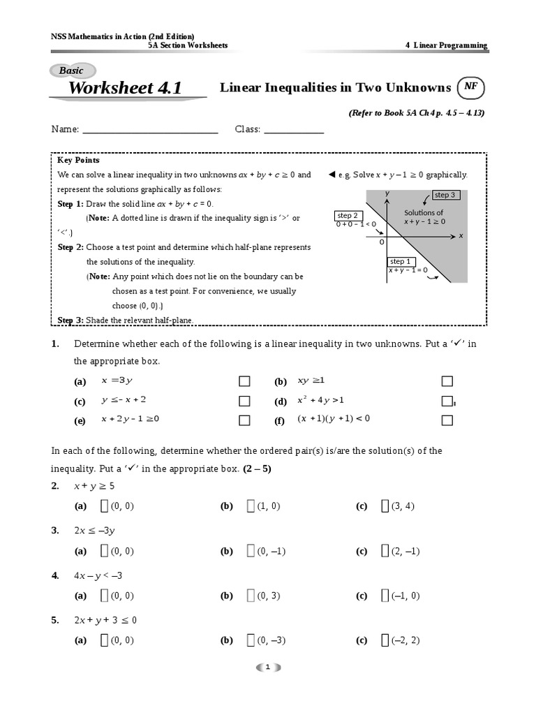 Worksheet 4.1: Linear Inequalities in Two Unknowns | PDF | Mathematical ...