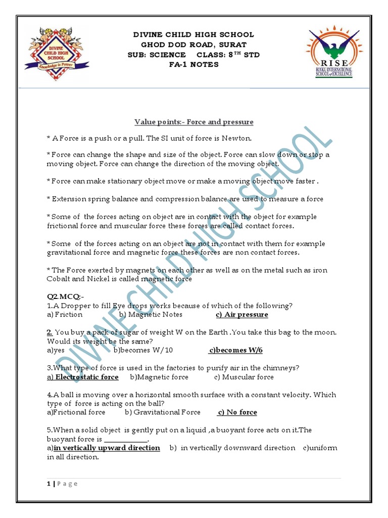 Divine Child High School Ghod Dod Road, Surat Sub: Science Class: 8 STD ...