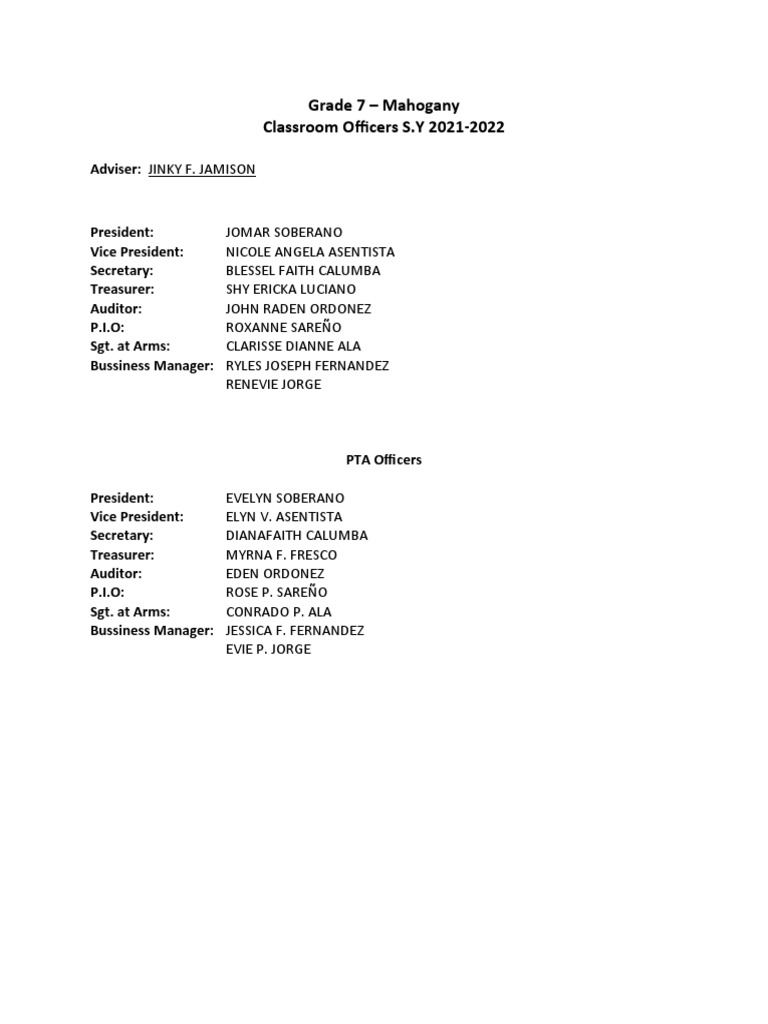 Grade 7 Classroom and PTA Officer Rosters for School Year 2021-2022 | PDF