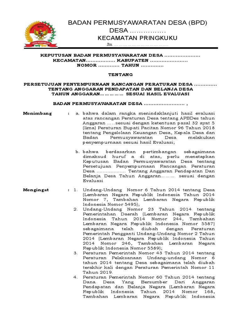 Contoh Keputusan BPD Persetujuan Penyempurnaan Apbdesa 2021. | PDF
