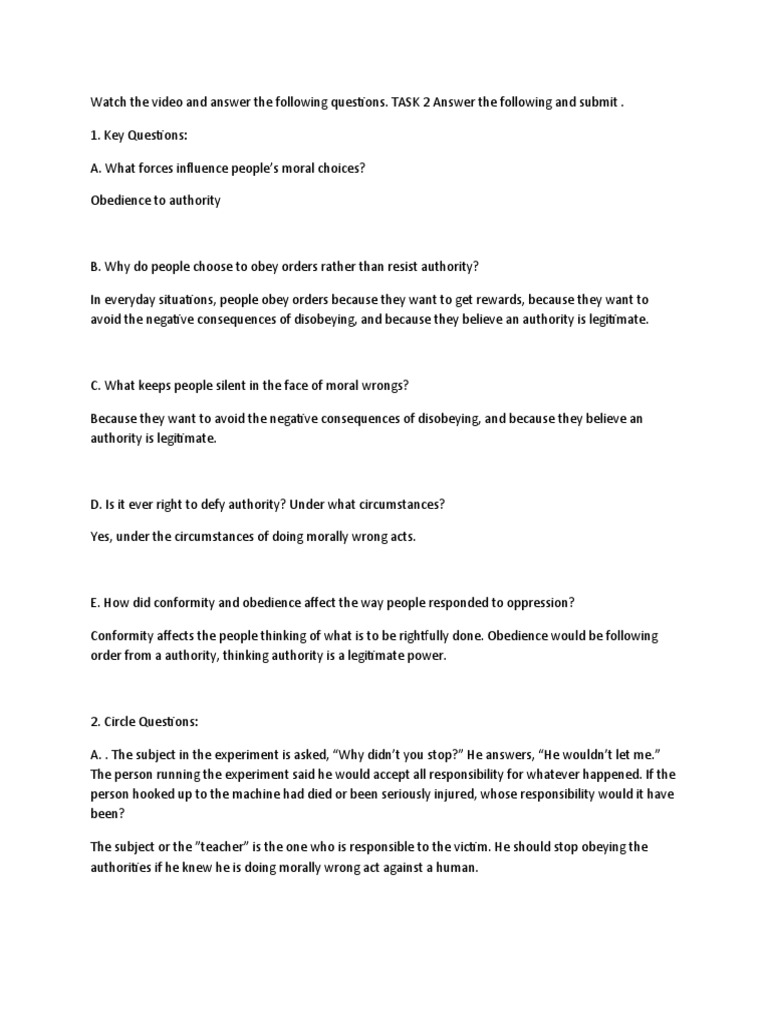 Watch The Video and Answer The Following Questions | PDF | Obedience ...