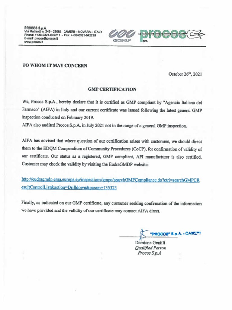 GMP Certificate Declaration-Oct 26-2021 Procos-With Stamp | PDF