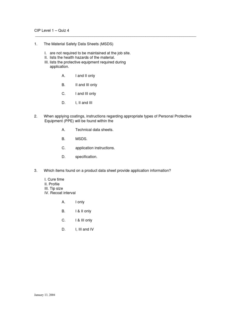 CIP Level 1 Quiz 4 | PDF | Paint | Epoxy