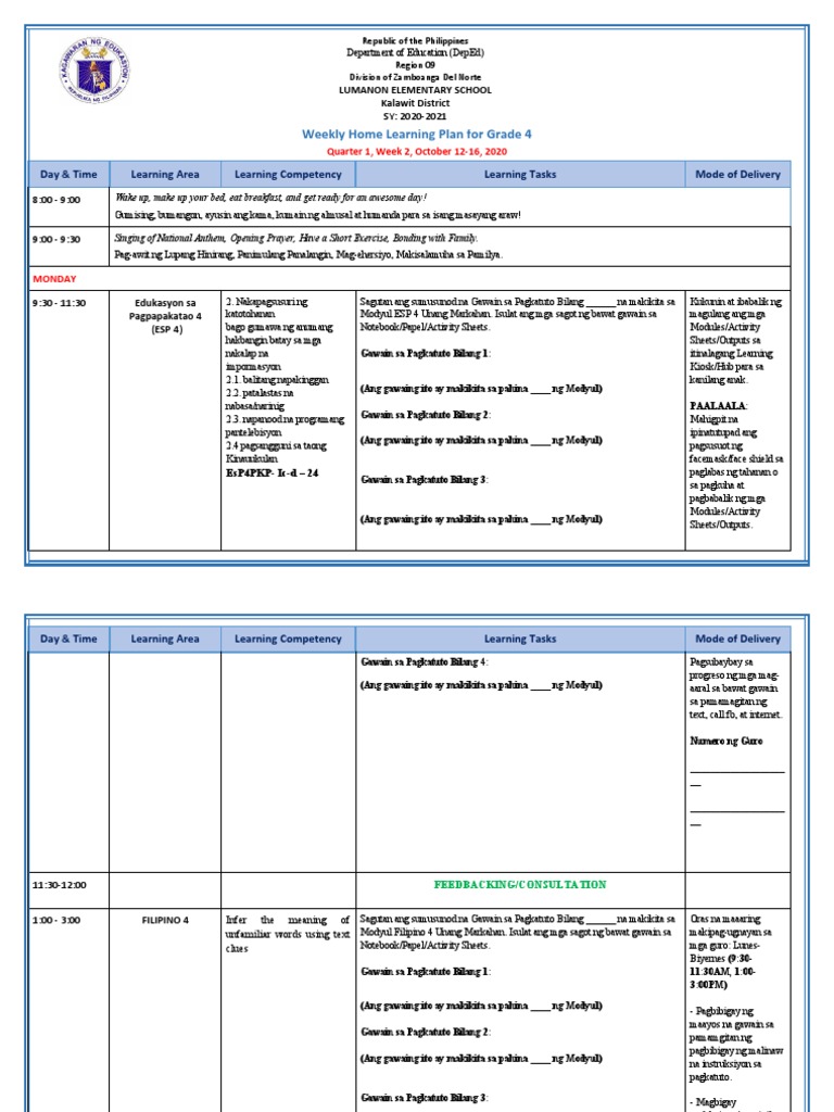 Grade 4 All Subjects WHLP q1 w2 | PDF