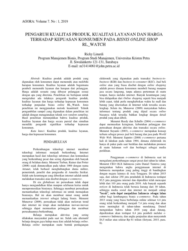 Pengaruh Kualitas Produk, Kualitas Layanan Dan Harga Terhadap Kepuasan Konsumen Pada Bisnis ...