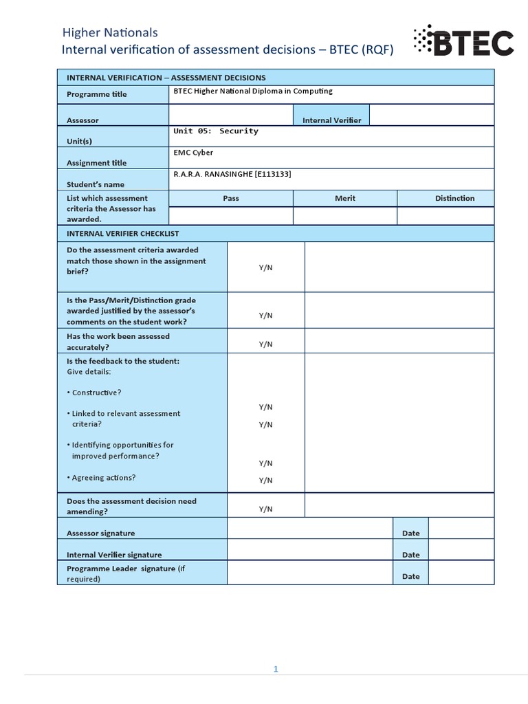 Internal Verification of Assessment Decisions - BTEC (RQF) : Higher Nationals | PDF ...