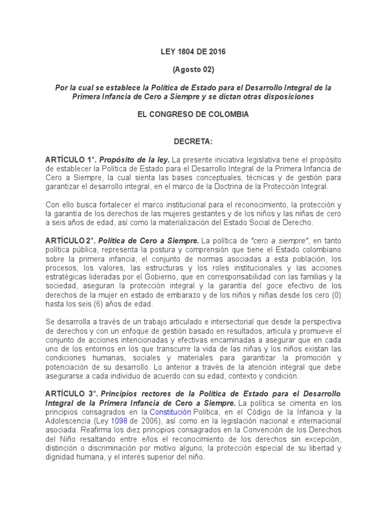 Ley 1804 de 2016 Imprimir | PDF | Educación de la primera infancia | Estado (política)