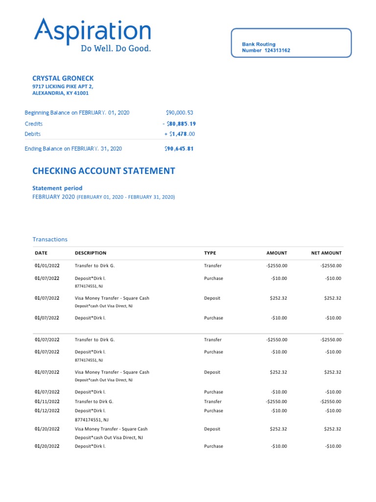Checking Account Statement: Crystal Groneck | PDF | Deposit Account ...