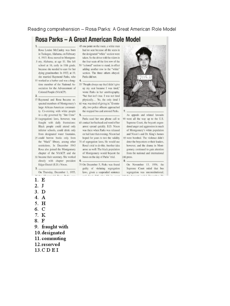 Reading Comprehension - Rosa Parks - A Great American Role Model | PDF
