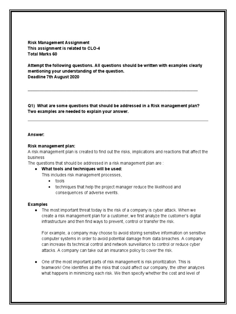 Maria Zia - 16pwcse1396 - Section B - Risk Management Assignment | PDF ...