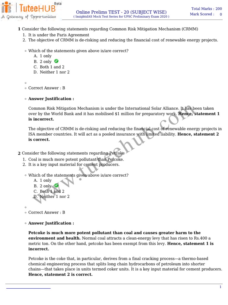 Online Prelims Test - 20 (Subject Wise) : (Insightsias Mock Test Series ...