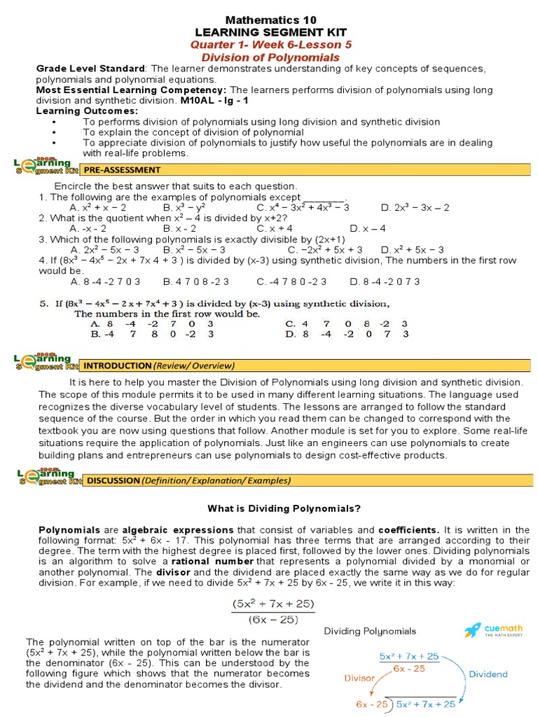 Quarter 1-Week 6-Lesson 5 Division of Polynomials: Mathematics 10 ...